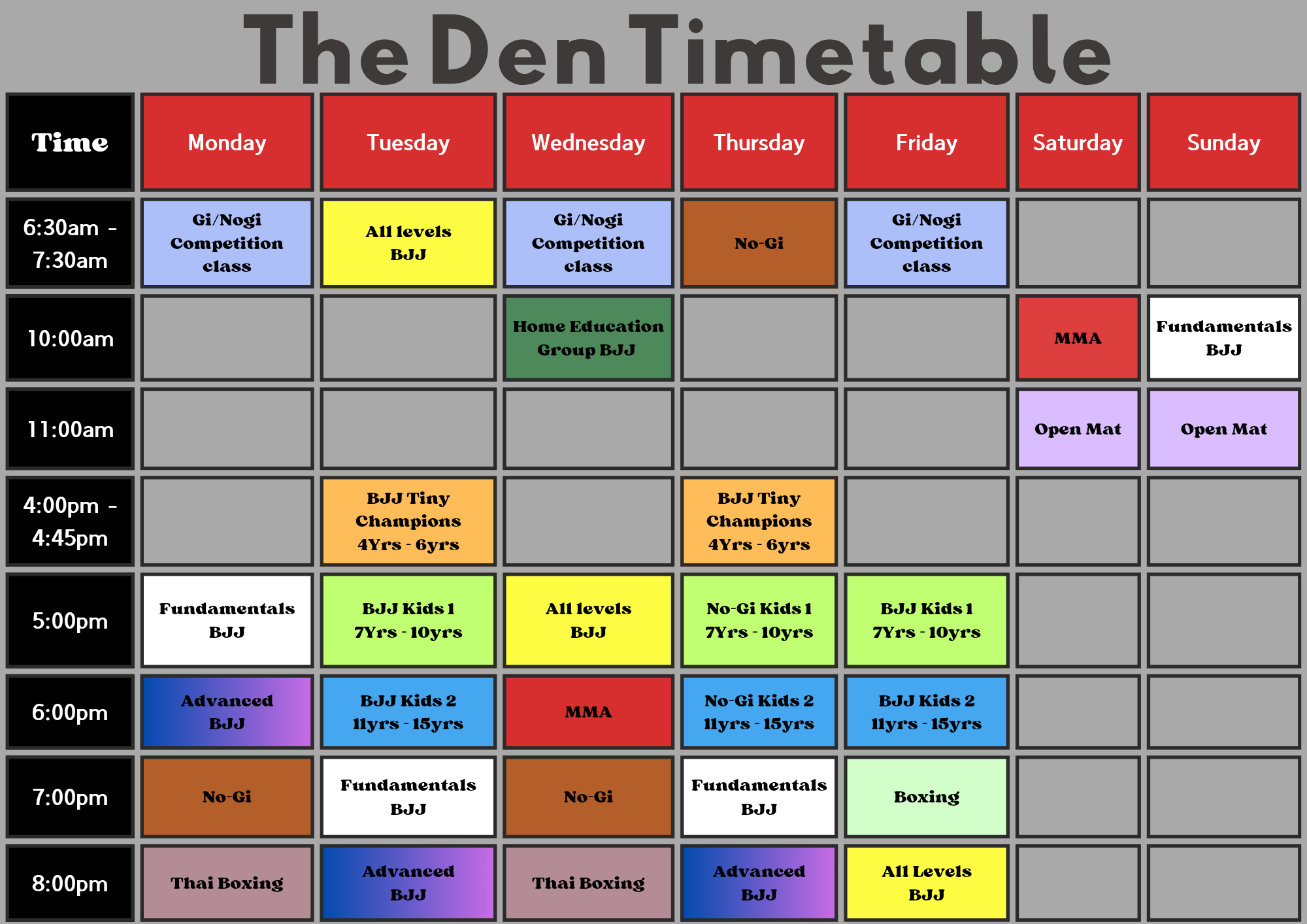 Timetable - The Den Fight Centre